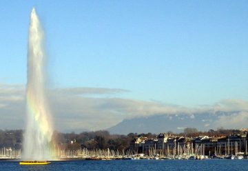 Mouette Waterbus Passing the Jet d'Eau in Genève - Lake Geneva Switzerland