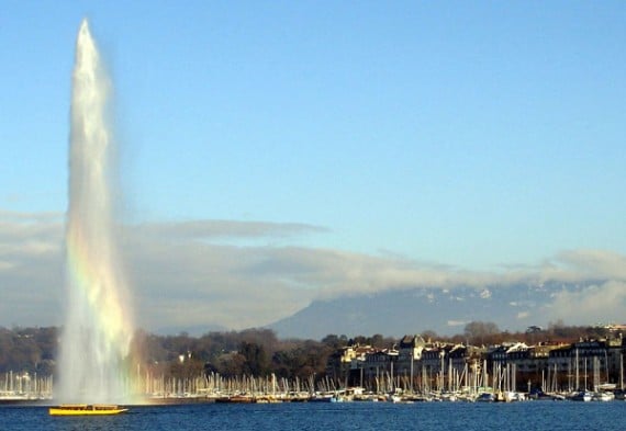 Mouette Waterbus Passing the Jet d'Eau in Genève - Lake Geneva Switzerland